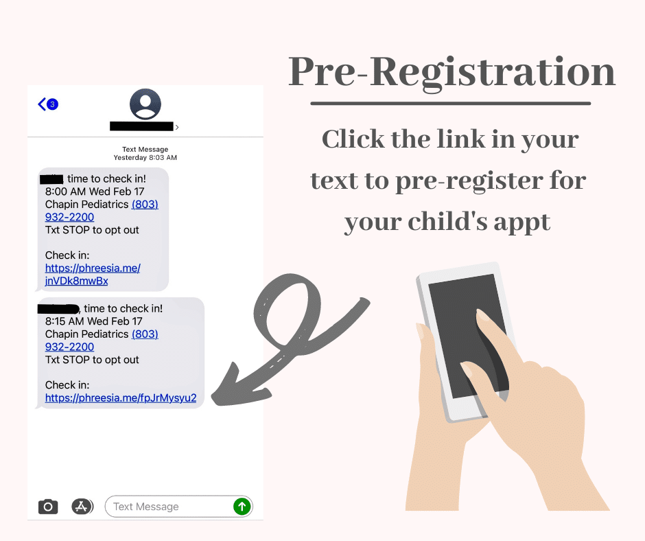 Text With Links for Appointment Pre-Registration - Chapin Pediatrics